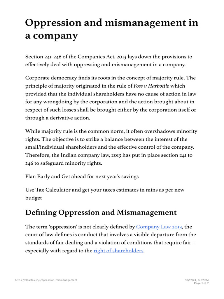 Oppression and mismanagement in a company | PDF | Justice | Crime ...