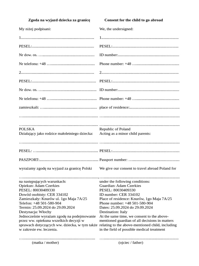 Zgoda Na Podróż Zagranice Dziecka AC | PDF
