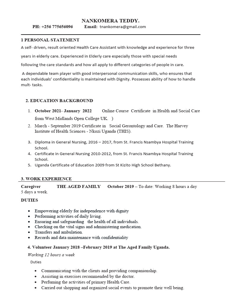 NANKOMERA TEDDY HCA CV | PDF | Nursing | Elderly Care