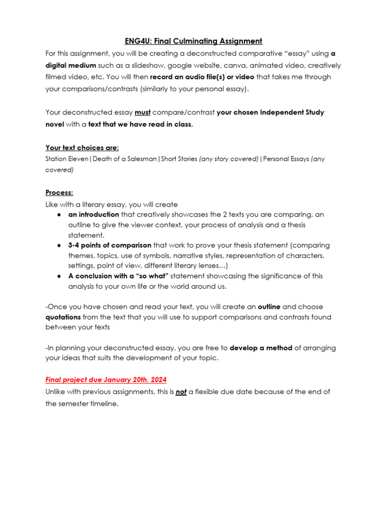 2025Culminating - ENG4U | PDF | Essays | Logic
