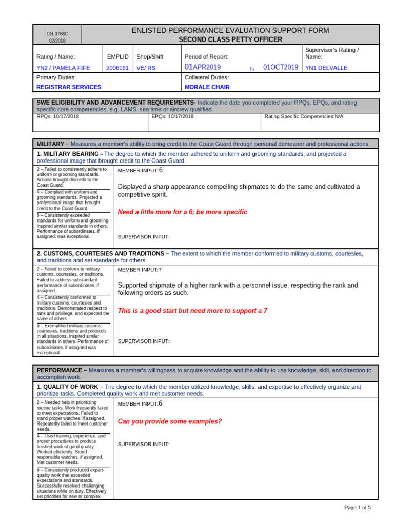 E5 Evaluation Support Form 31OCT2019 | PDF | Leadership | Expert