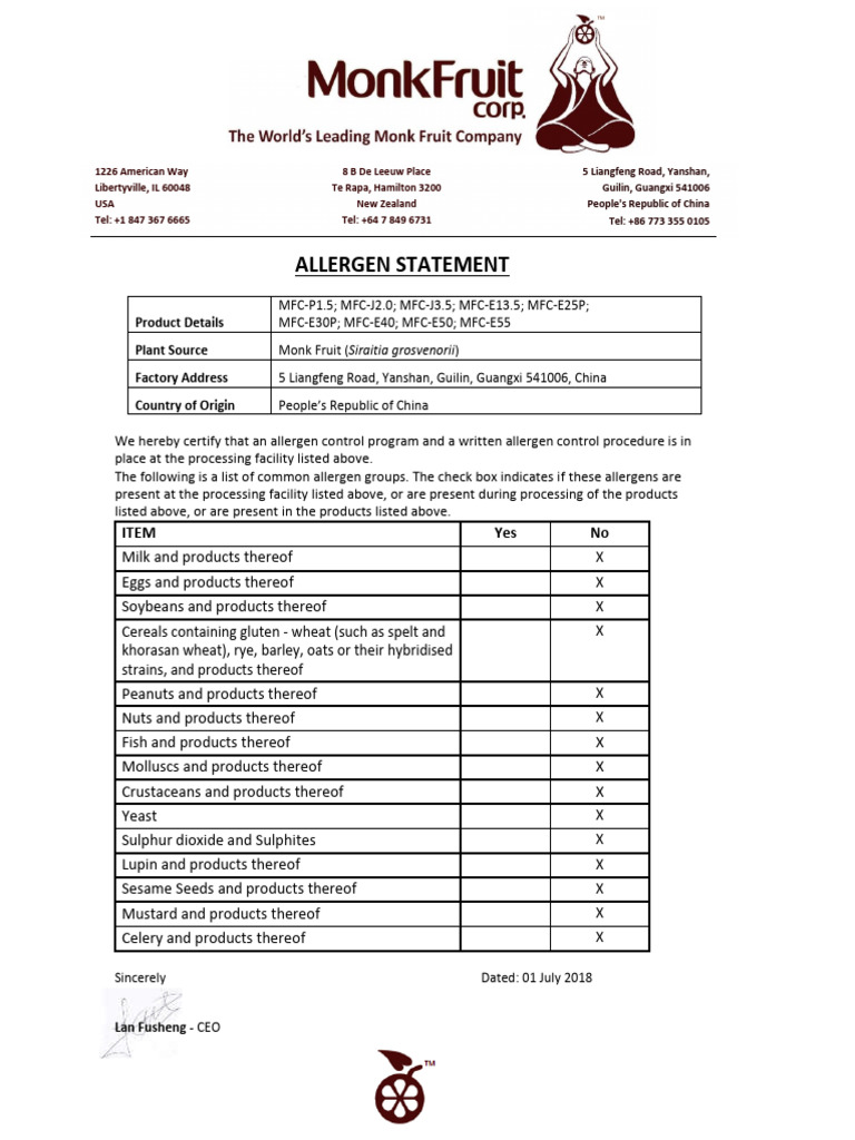 MFC-E13.5 - Allergen Statement | PDF | Staple Foods | Food Industry