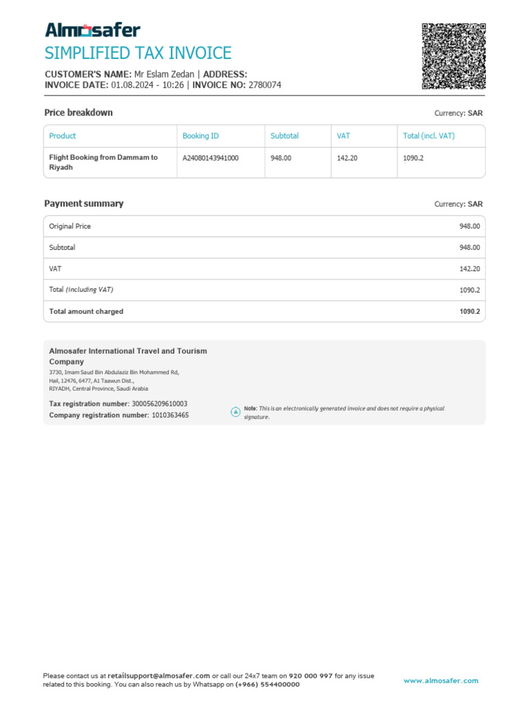 Flight Invoice A24080143941000 | PDF | Invoice | Riyadh