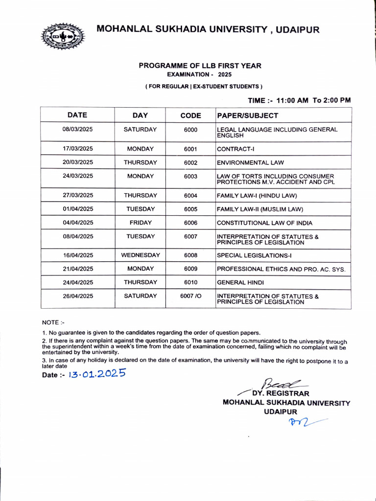Time Table of LLB First Year Examination 2025 (For Regular, Ex-Student ...