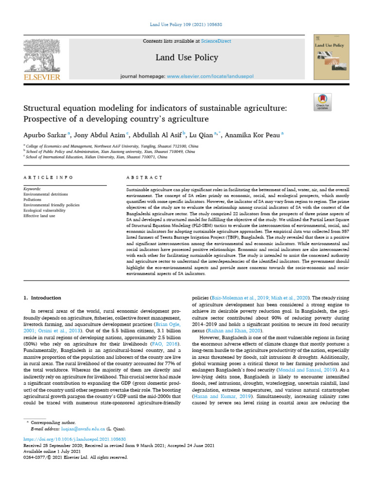 Structural Equation Modeling For Indicators of Sustainable Agriculture ...