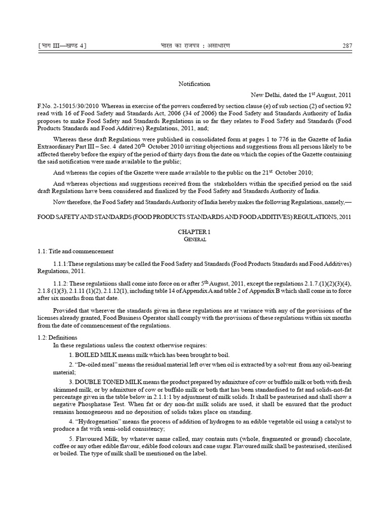 FSSAI Food Products Standards 2011 | PDF | Cheese | Cream