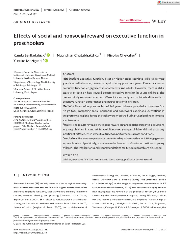 Brain and Behavior - 2020 - Lertladaluck - Effects of Social and Nonsocial Reward On Executive ...