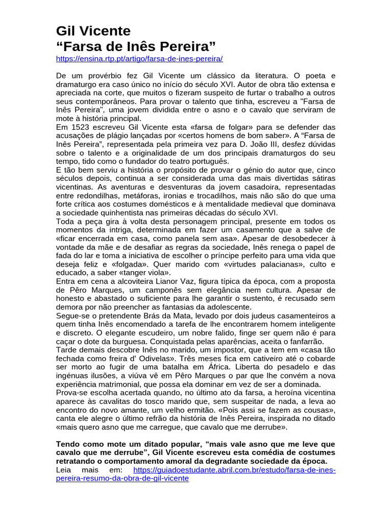 Gil Vicente - Farsa de Inês Pereira - 2023.2024 | PDF