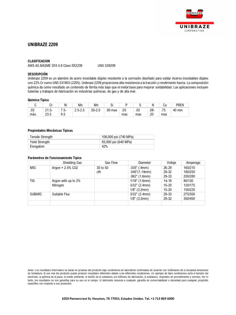 Alambre Unibraze 2209 para soldadura | PDF | Soldadura | Construcción