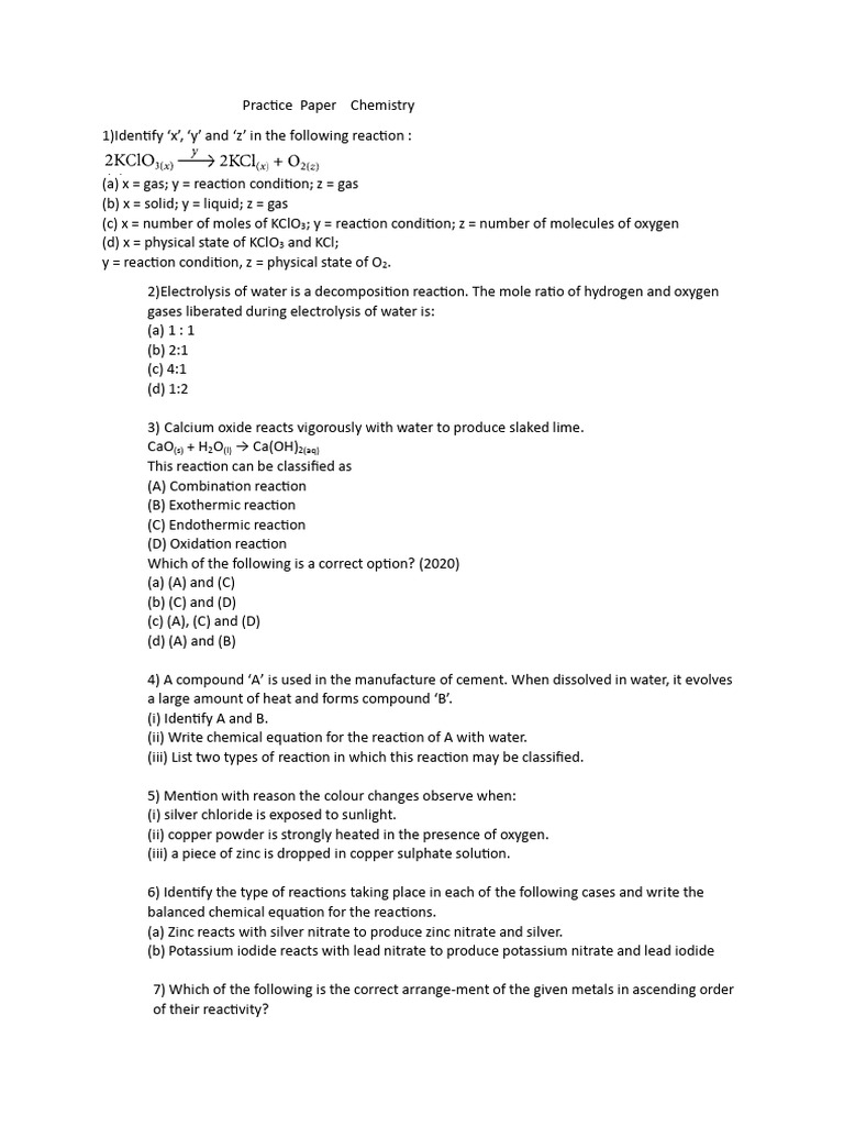 Practice Paper Class Chemistry | PDF | Chemical Reactions | Metals