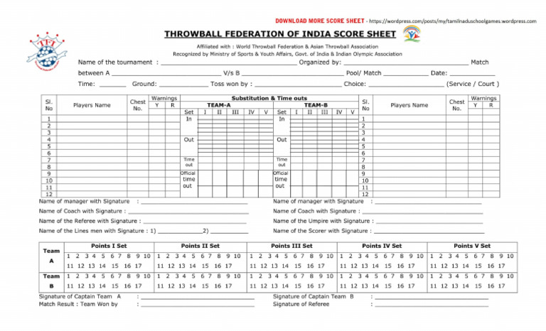 Throwball Score Sheet Click Here To Download | PDF