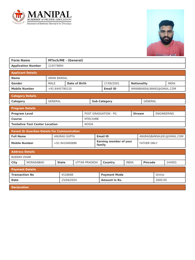 MTech/ME Application Form Details | PDF