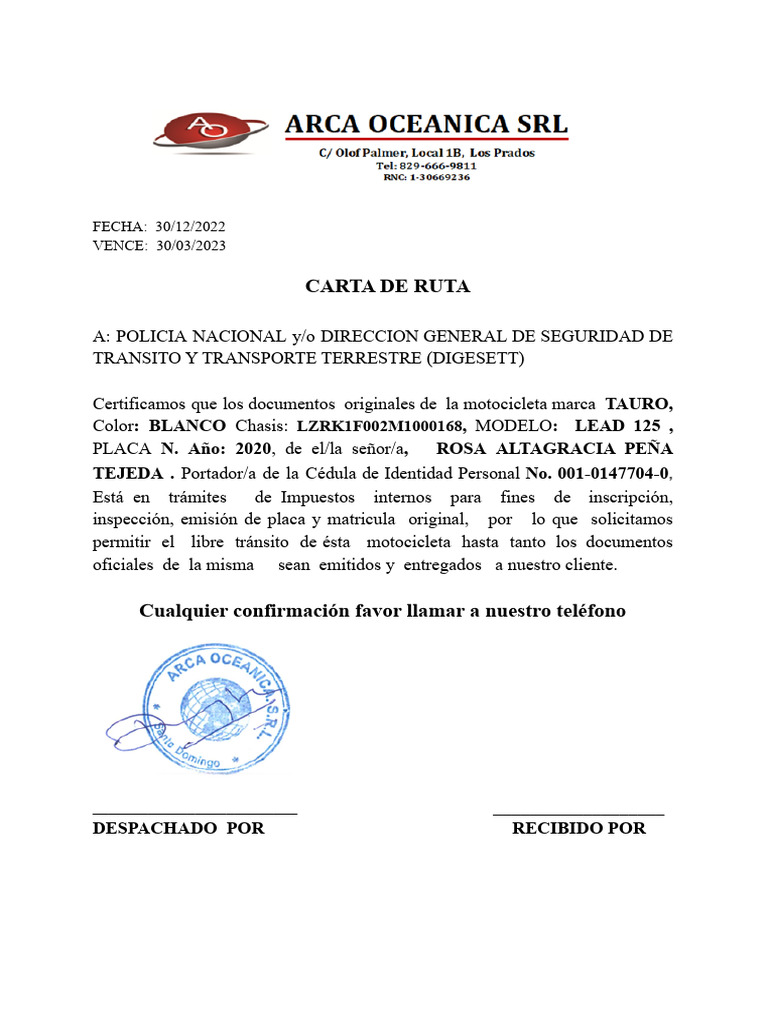 Carta de Ruta Rosa Altagracia Peña T. | PDF