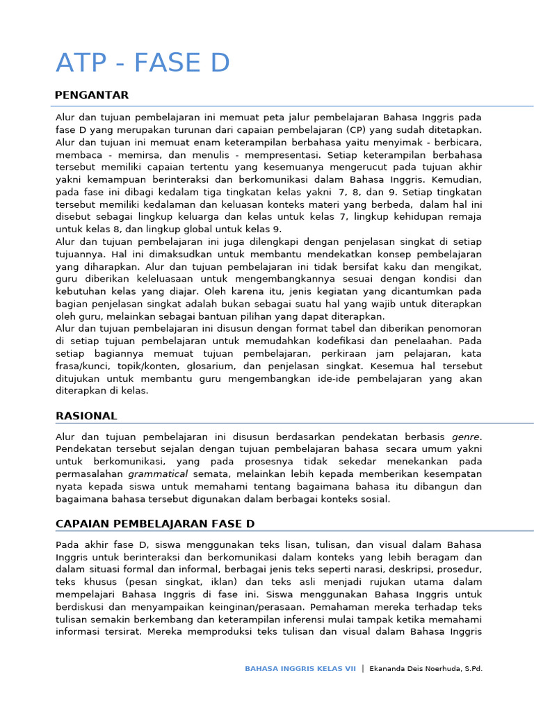 Contoh ATP Bahasa Inggris Kls VII Kurmer | PDF