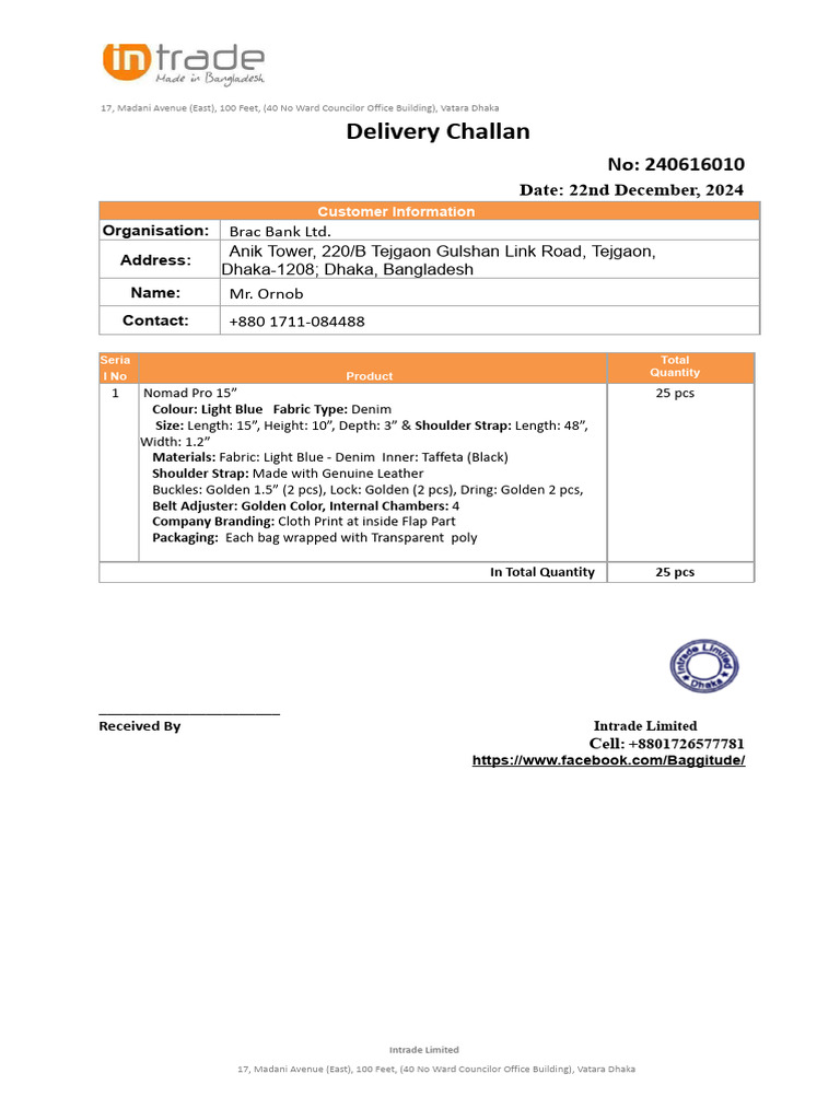 Delivery Challan for Brac Bank Order | PDF