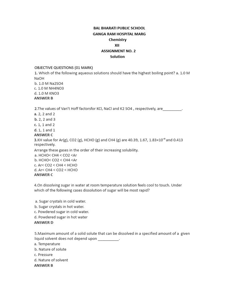 Chemistry XII Assignment Solutions | PDF | Phases Of Matter | Chemical ...