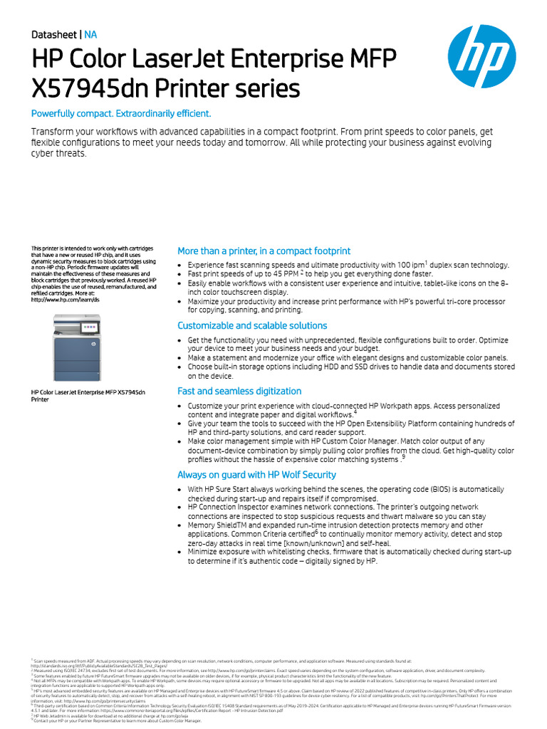 HP COLOR LJ E X57945dn Datasheet | PDF | Image Scanner | Fax