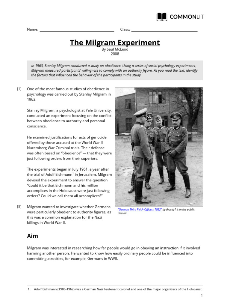 Milgrim Experiment Common Lit | PDF | Obedience (Human Behavior ...