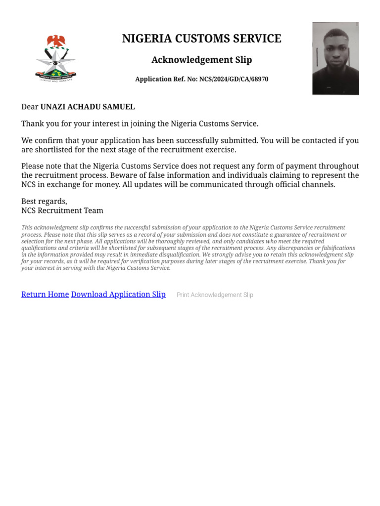 NCS Application Submission Confirmation | PDF