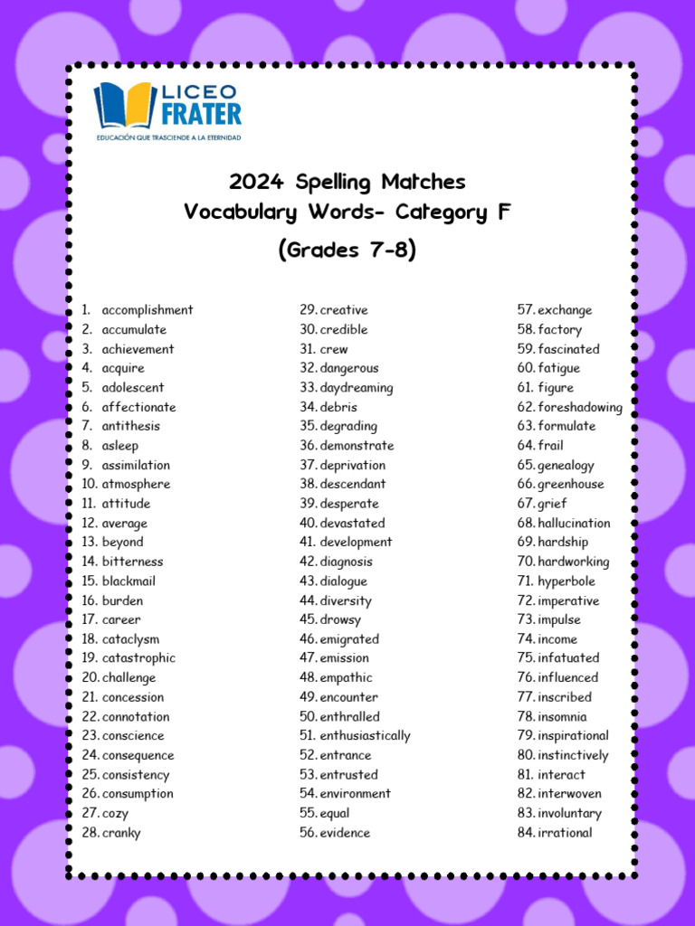 Category F - Spelling Matches - 2024 | PDF