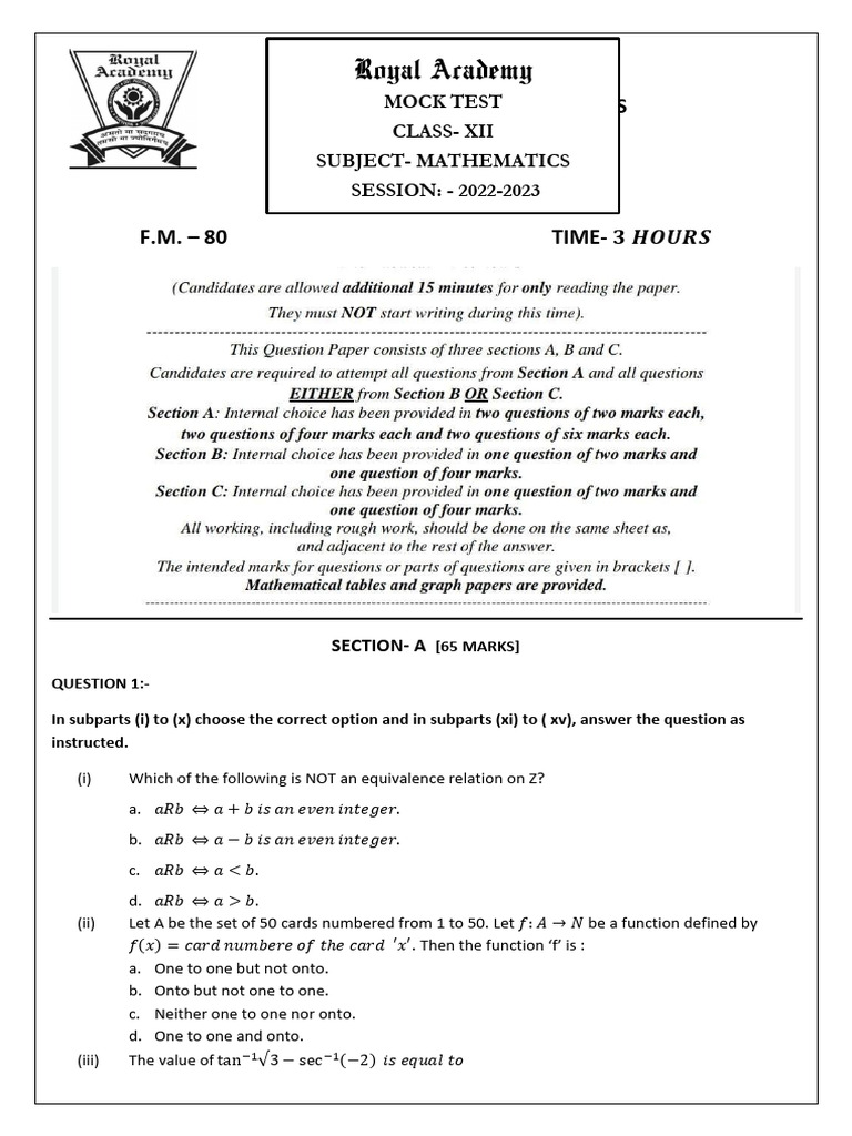 XII MOCK Test Paper 2022-2023 MATHS... MODIFY | PDF | Perpendicular ...