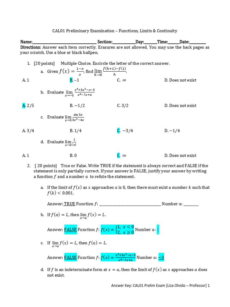 AnsKey CAL01 - Prelim - FunctionsLimitsContinuity B 1 | PDF