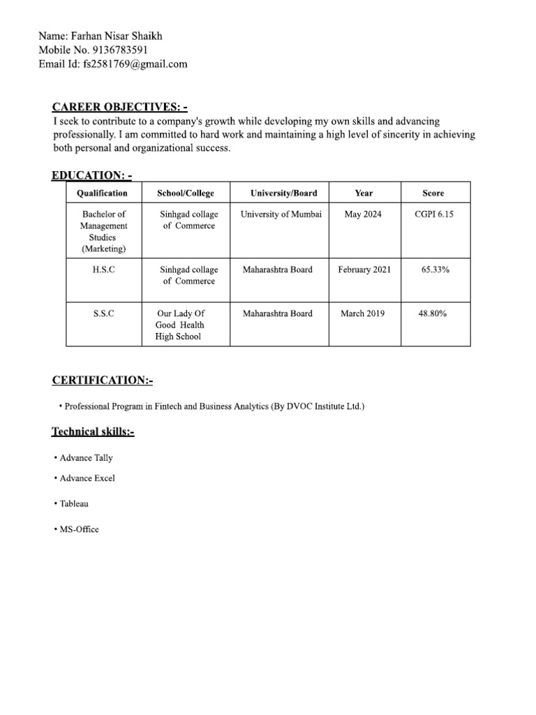 Resume of Farhan | PDF