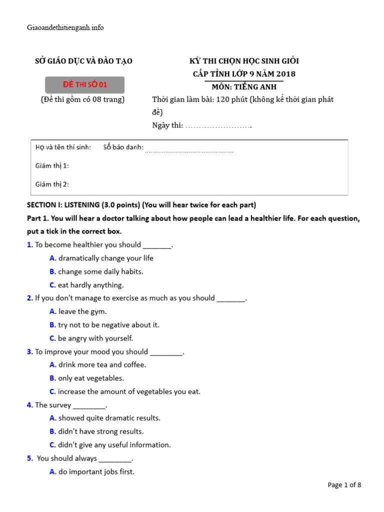ĐỀ SỐ 01-HSG ANH 9 no key | PDF | Ion | Electrical Conductor