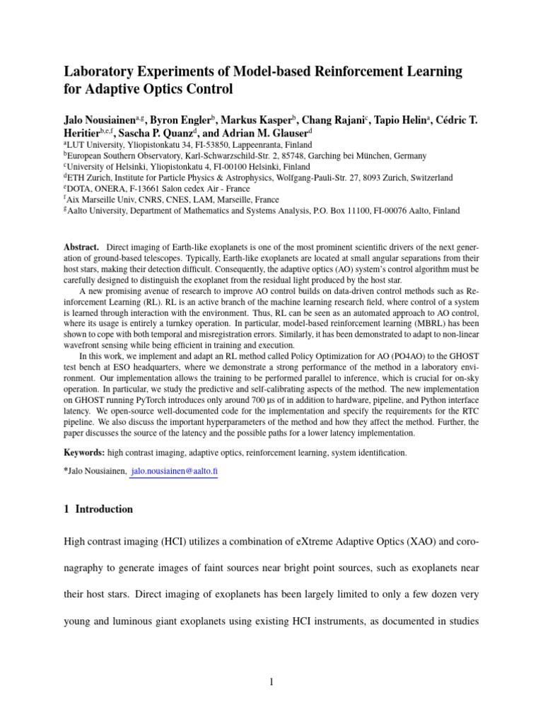 Laboratory Experiments of Model-Based Reinforcement Learning For Adaptive Optics Control | PDF ...