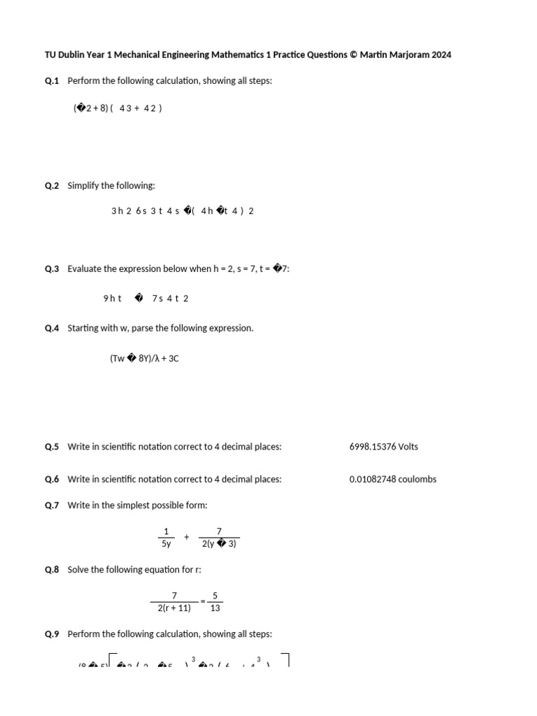 TU Dublin Mechanical Eng Math Practice | PDF | Complex Number | Quadratic Equation