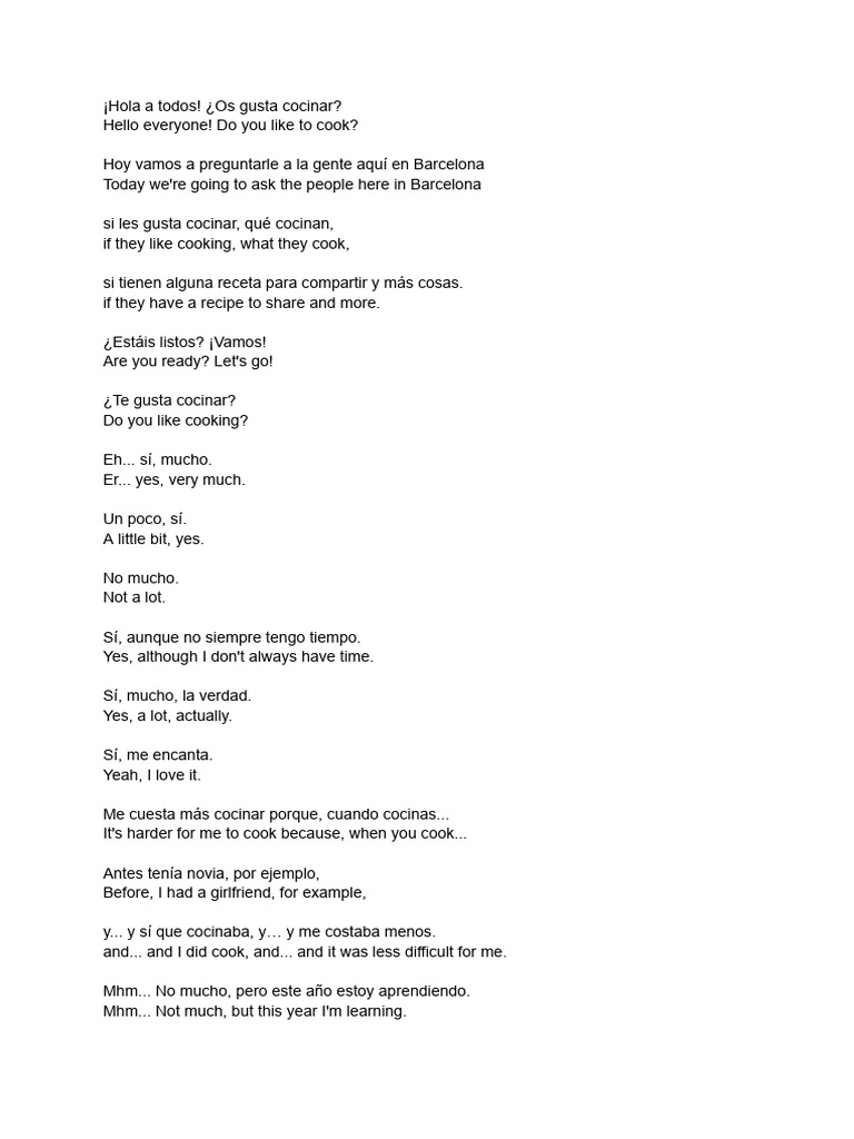 ES322 - Transcript in Spanish and English - Do You Cook | PDF ...