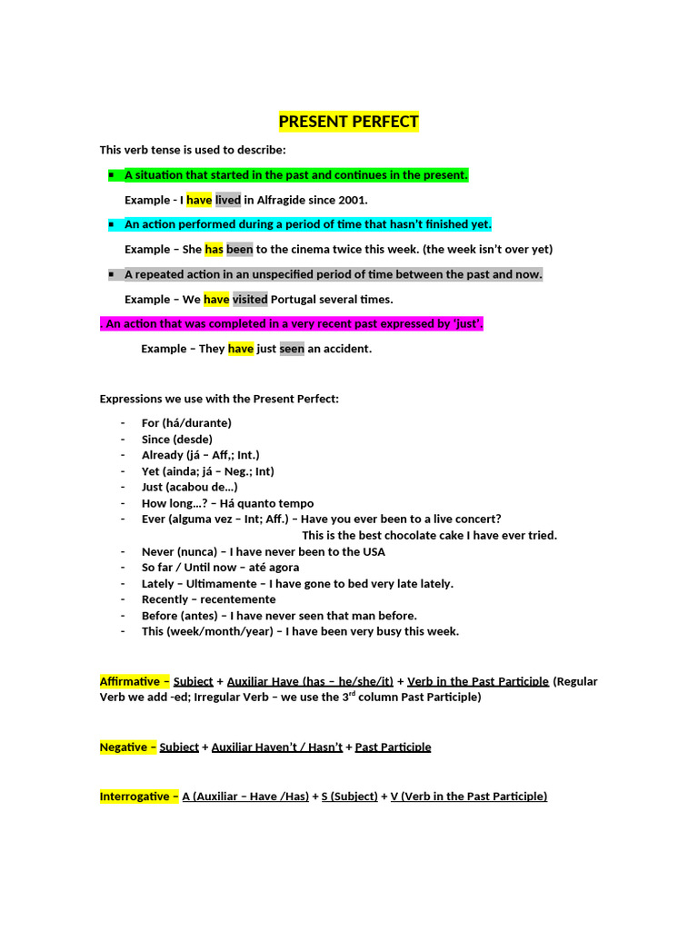 PRESENT PERFECT - Rules | PDF