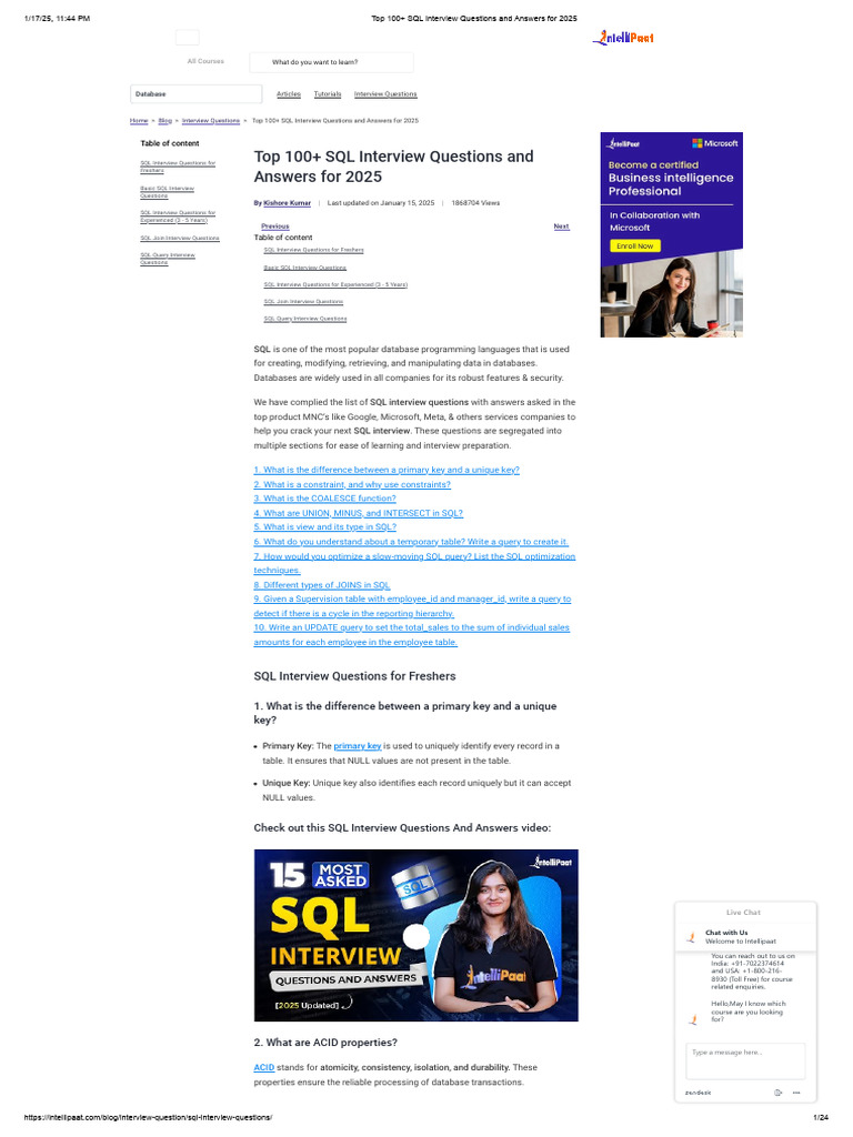 Top 100+ SQL Interview Questions and Answers For 2025 | PDF | Sql ...