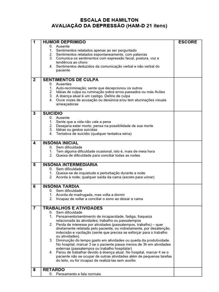 Escala de Hamilton | PDF | Depressão | Doenças e distúrbios