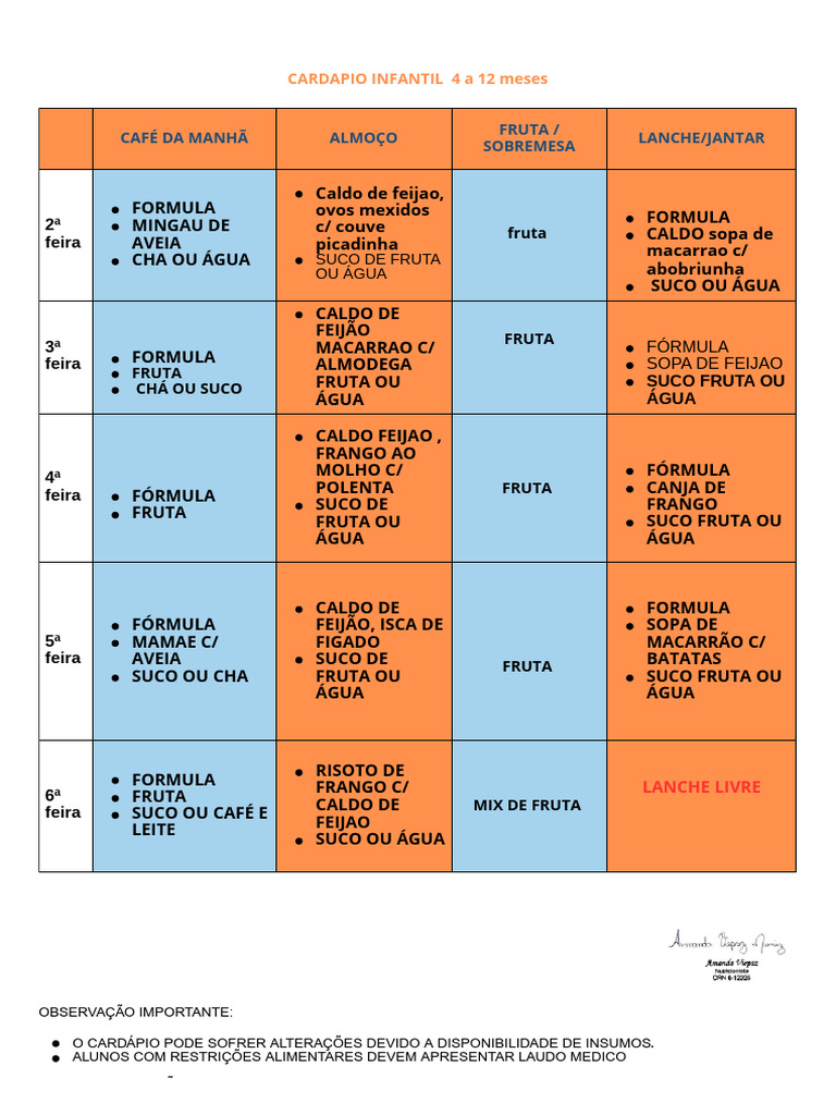 Cardápio Infantil 4 a 12 Meses | PDF | Caldo | Culinária