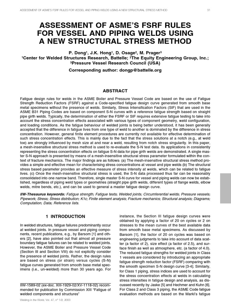 Assessment of Asme S FSRF Rules For Vess | PDF | Fatigue (Material ...