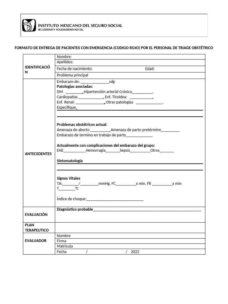 Formato Entrega de Pacientes Emergencia | PDF | Hipertensión ...