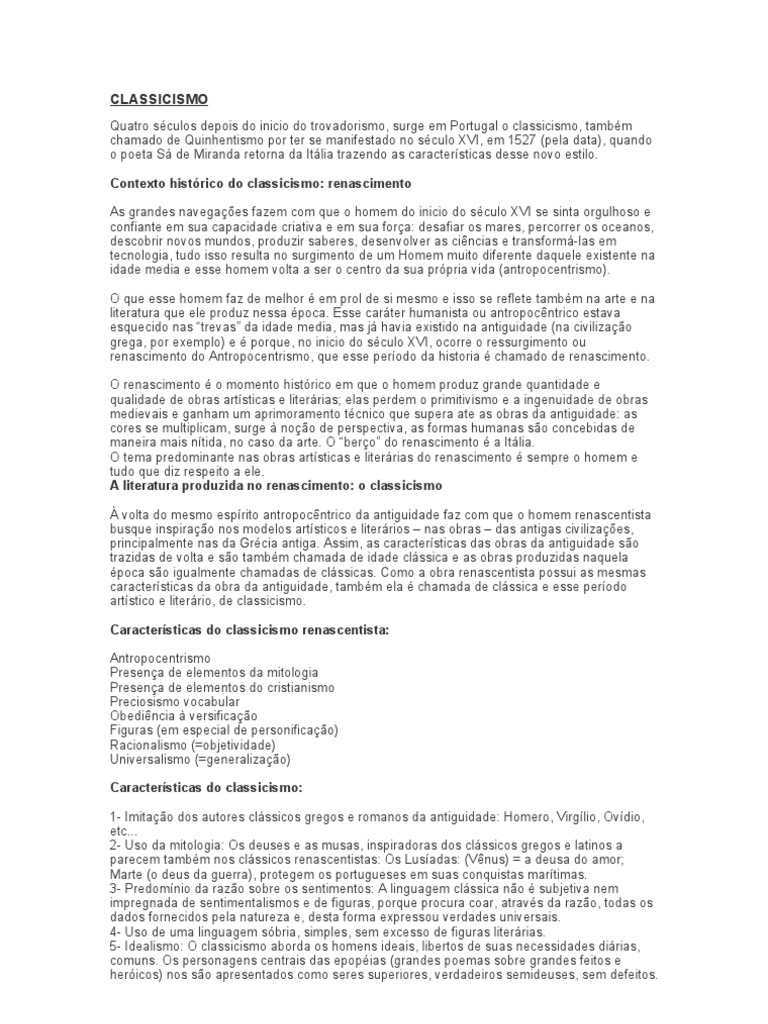 CLASSICISMO | PDF | Renascimento | Classicismo