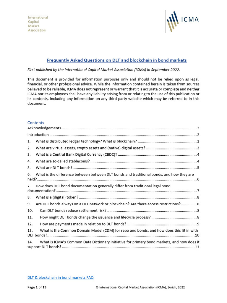 ICMA DLT and Blockchain in Bond Markets FAQ 220922 | PDF | Cryptocurrency | Bonds (Finance)