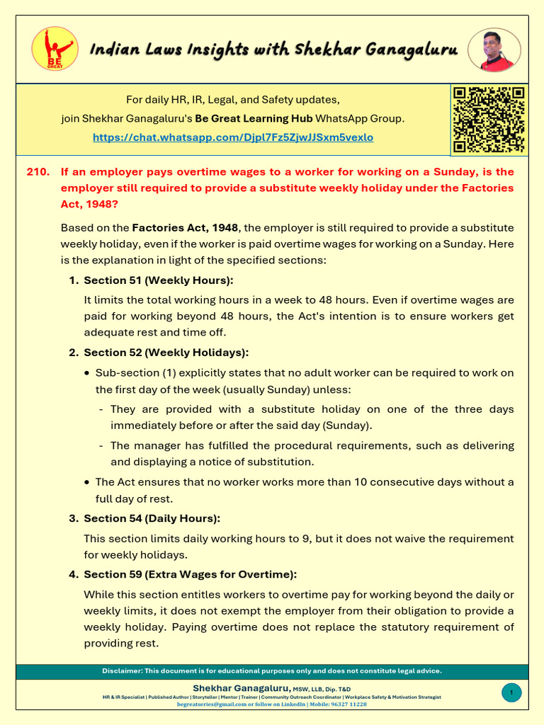 Factory Act: Weekly Holiday Rules | PDF | Overtime | Employment