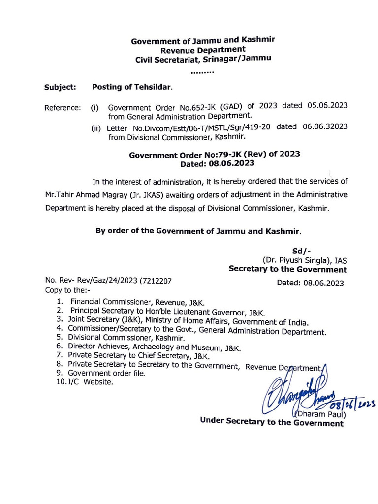Tehsildar Posting Order in J&K | PDF