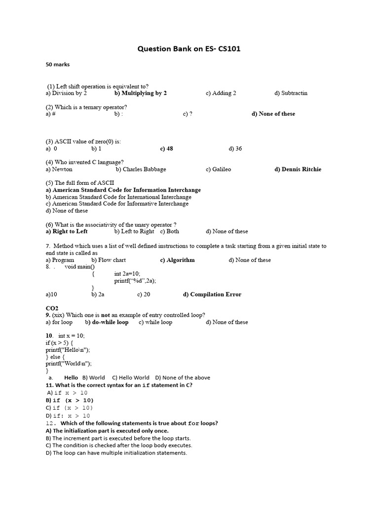 Question Bank On ES CS 101 | PDF | Computer Program | Programming
