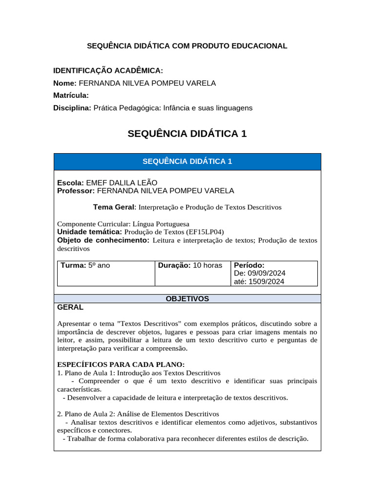 Sequência Didática - Modelo Editável (ok) (1).docx (documento 3) | PDF | Revisão | Narrativa