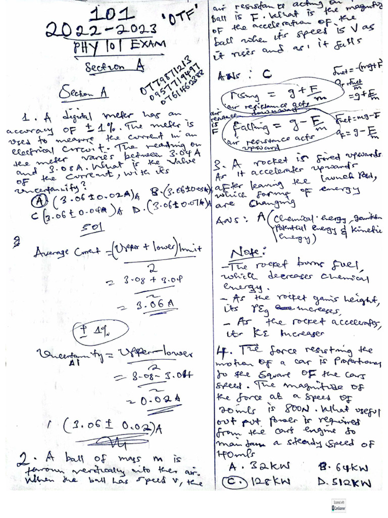 Phy101 2022-2023 Section A Only Solutions | PDF