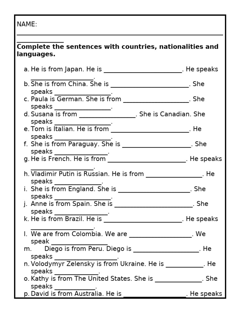 Countries, Nationalities, Languages Worksheet | PDF