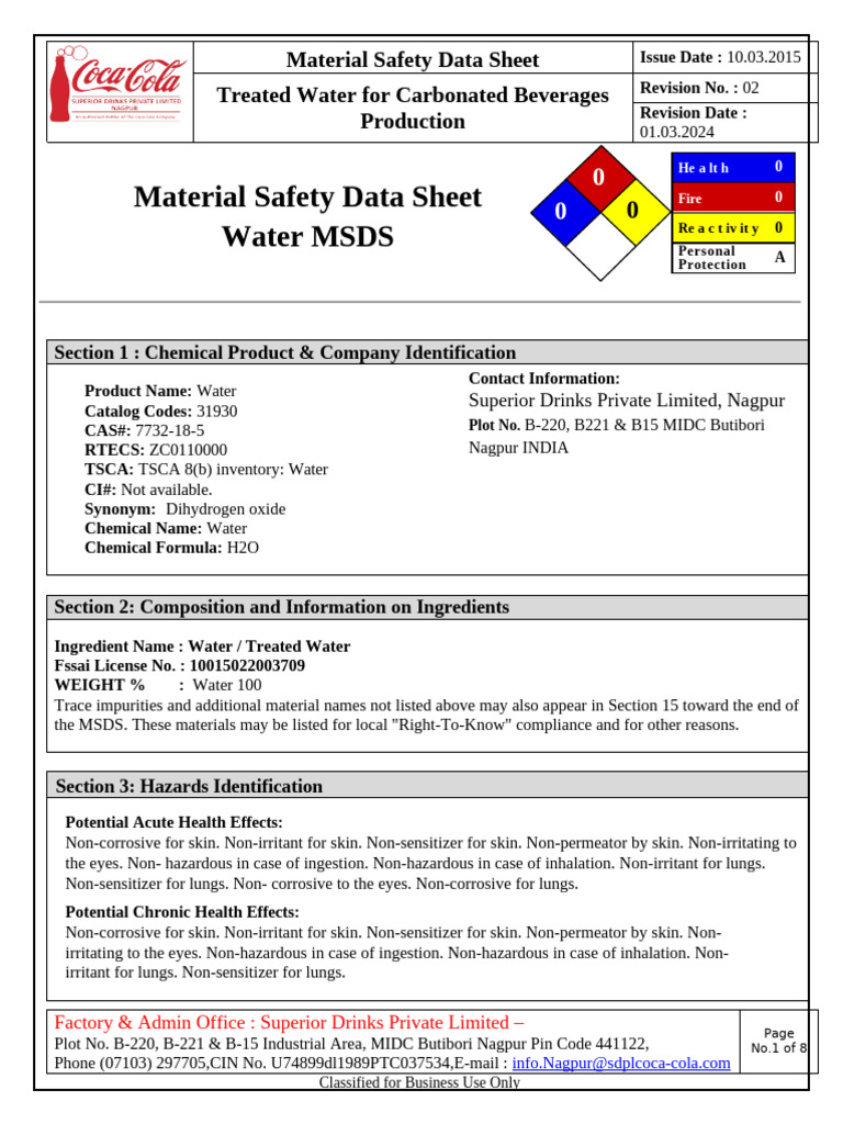 Controlled Copy MSDS Water | PDF | Resource Conservation And Recovery ...