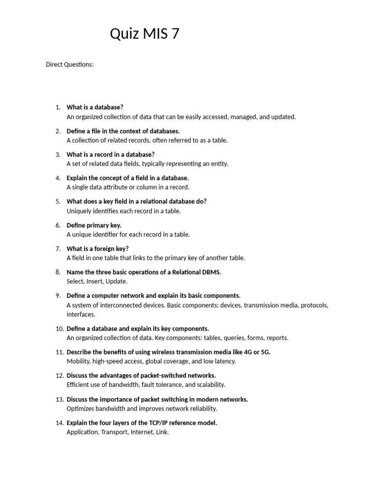 Direct Questions Mis | PDF | Computer Network | Databases