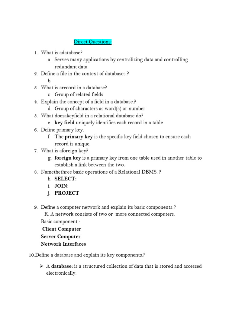 Direct Questions ms | PDF | Computer Network | Databases