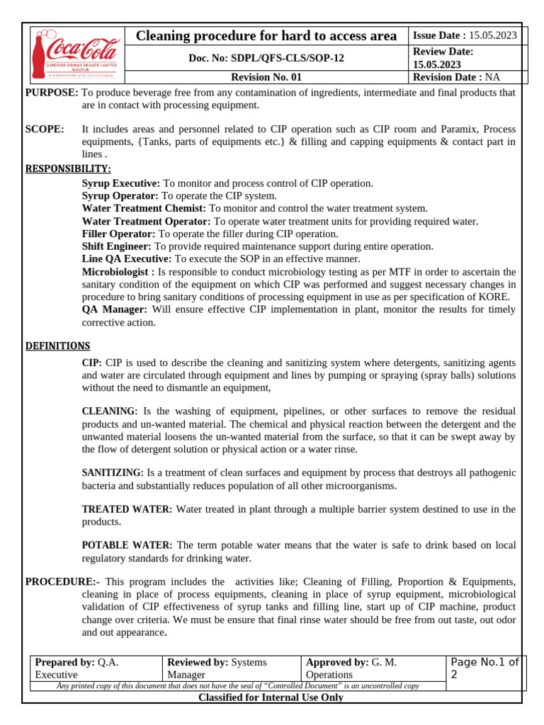 SOP Hard to Access Area | PDF | Water