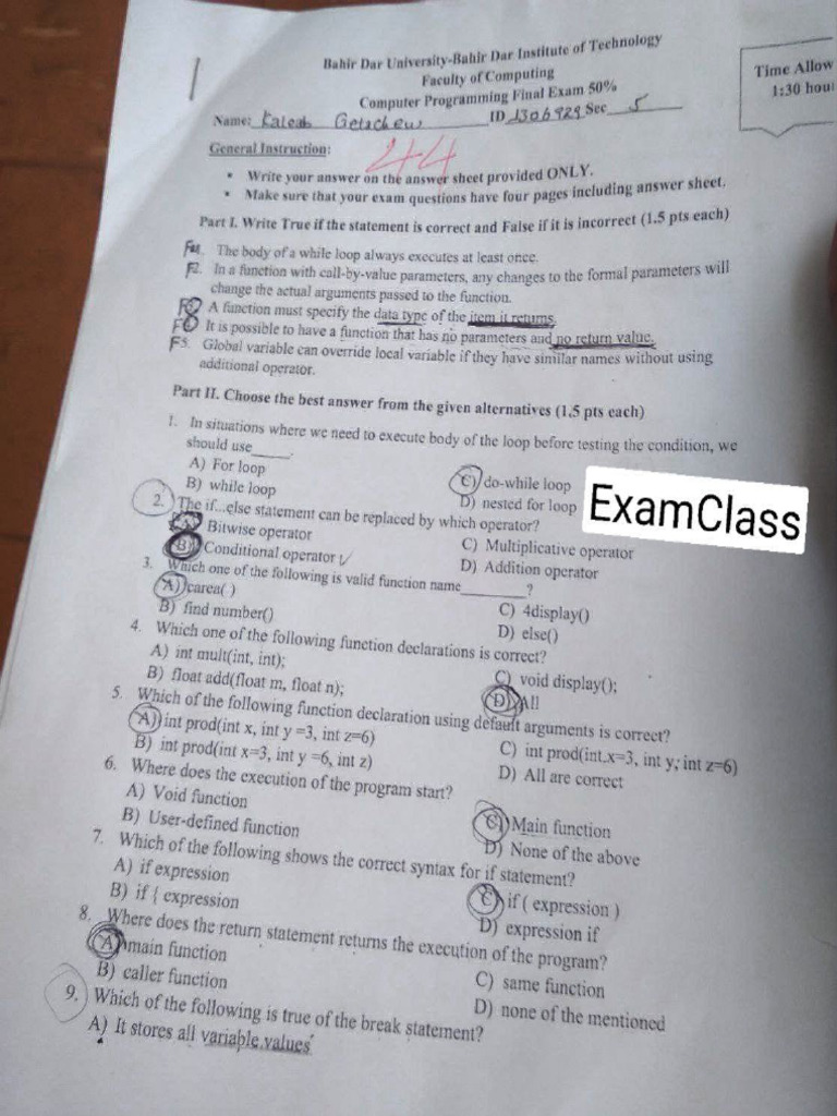 BDU C++ Final Exam EthioFreshmanApp | PDF